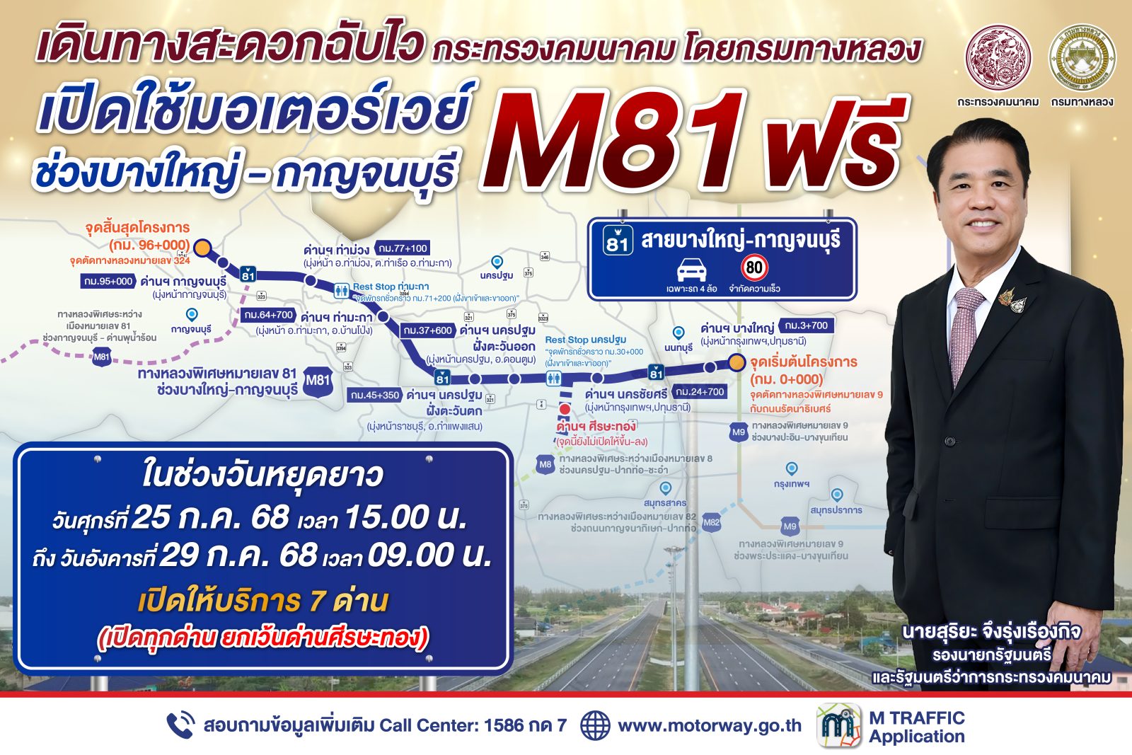 กรมทางหลวงเปิดทดลองให้บริการมอเตอร์เวย์ M81 วันที่ 25 – 29 ก.ค. 68 รองรับการเดินทางช่วงวันหยุด ...